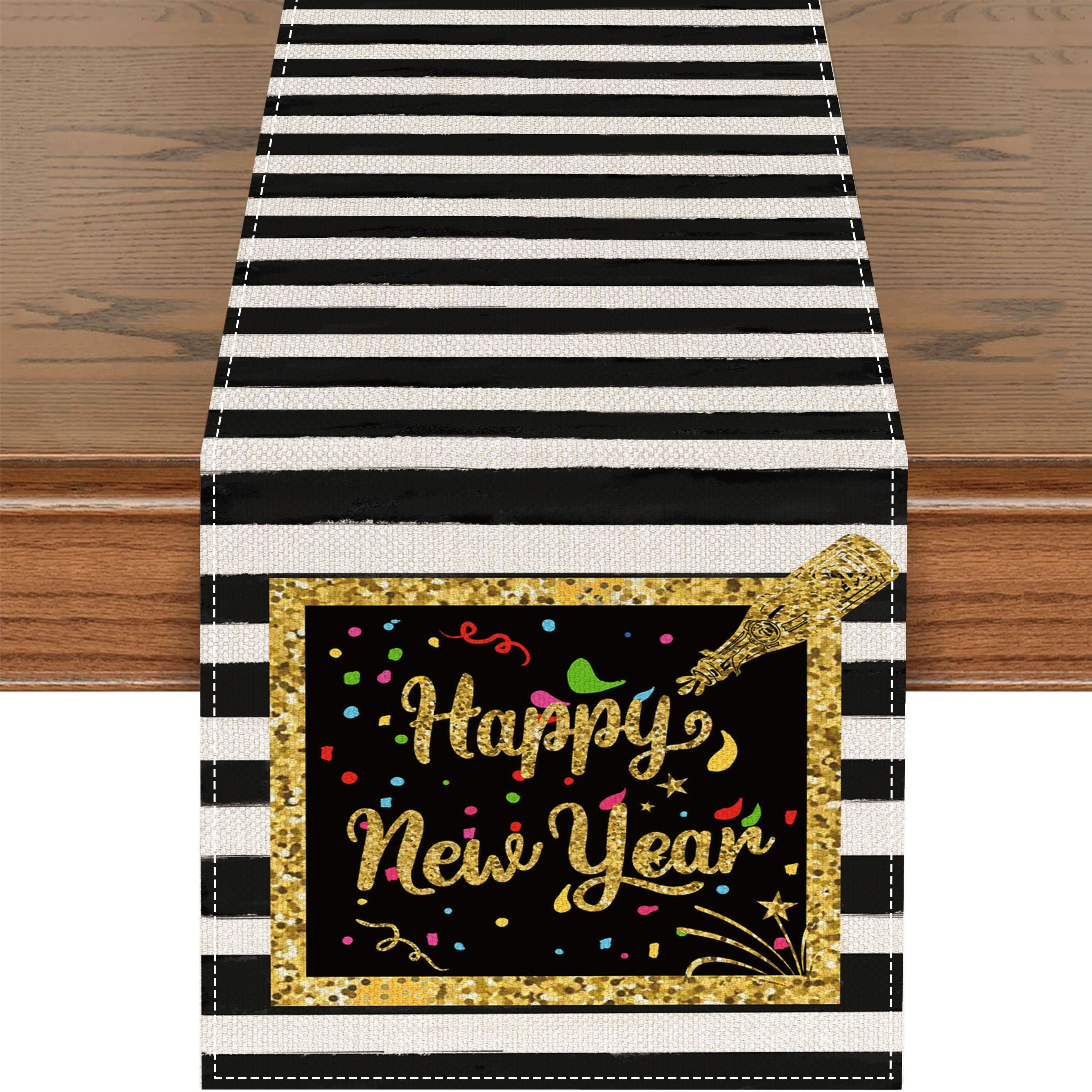 Table Runner Black White Striped Pattern Ribbon Cheers Happy - Temu New ...