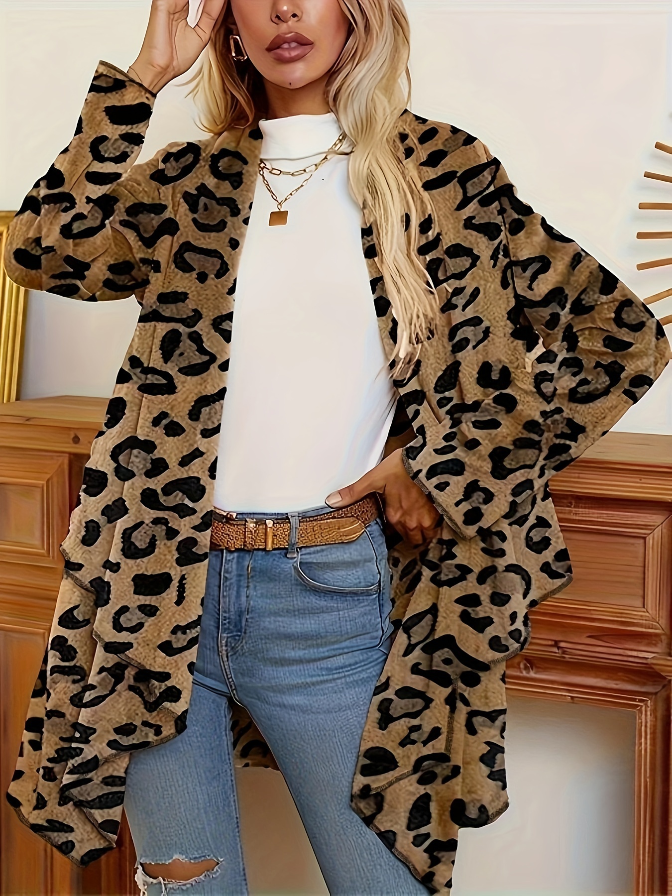 Leopard Pattern Open Front Cardigan Elegant Irregular Hem - Temu Australia
