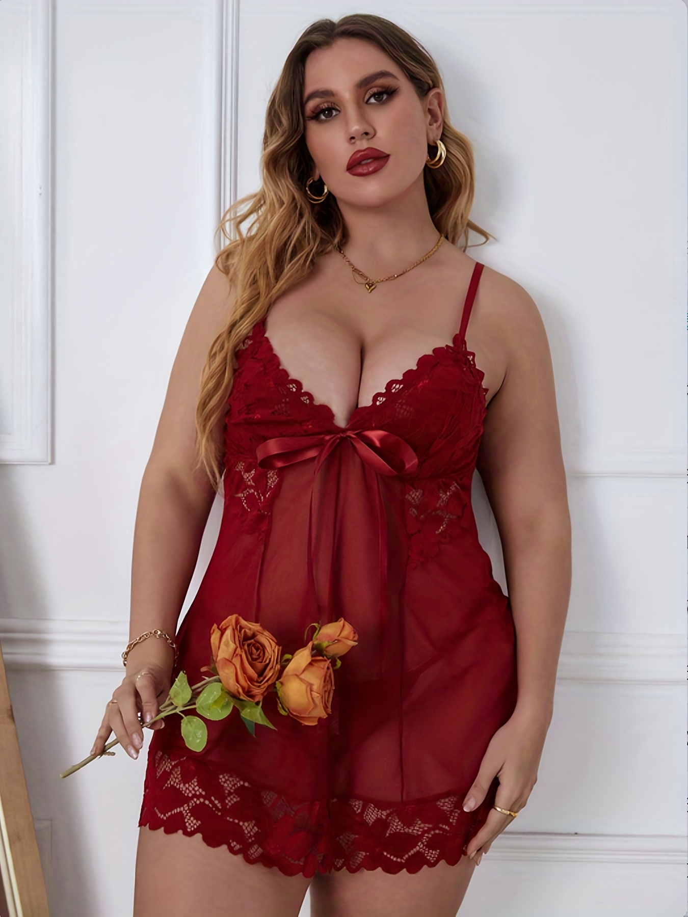 Plus Size Sexy Lingerie Set Womens Plus Contrast Lace Scalloped Trim