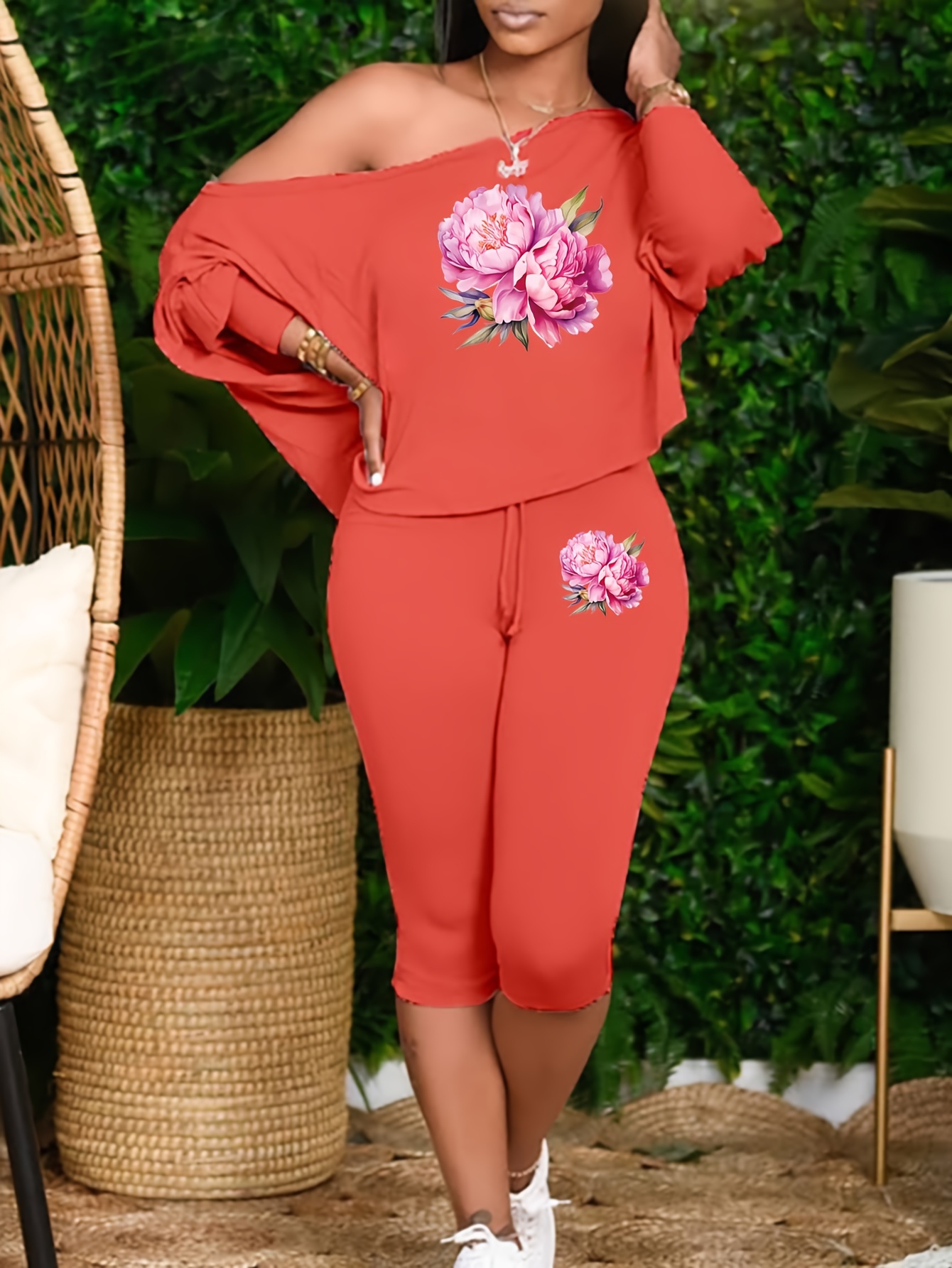 Casual Floral Print Lounge Shoulder Long Sleeve - Temu Australia