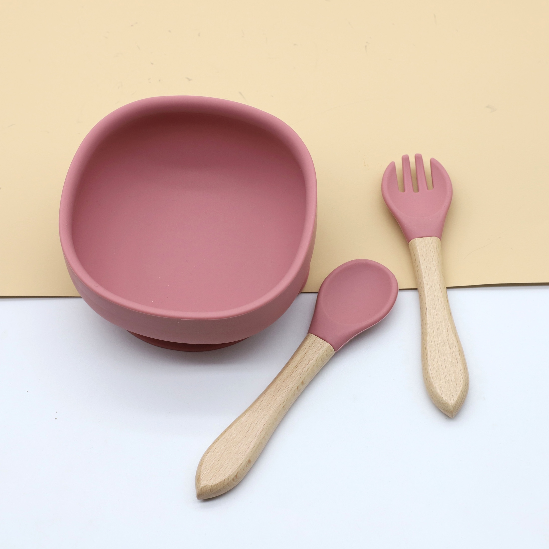 Food Grade Silicone Square Bowl Wooden Handle Spoon And Fork Bpa Free ...