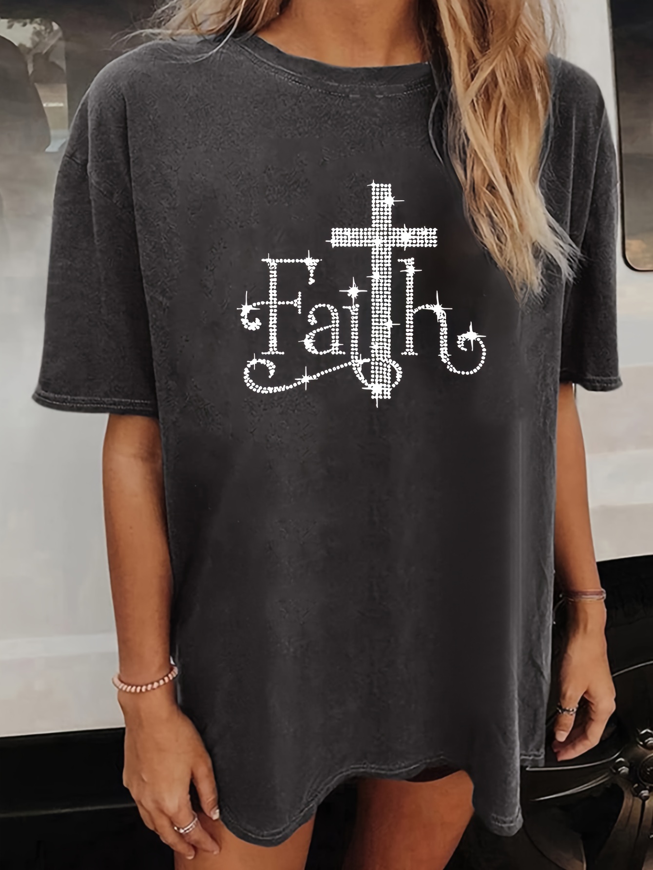 faith letter print t shirt drop shoulder short sleeve crew - Temu New ...