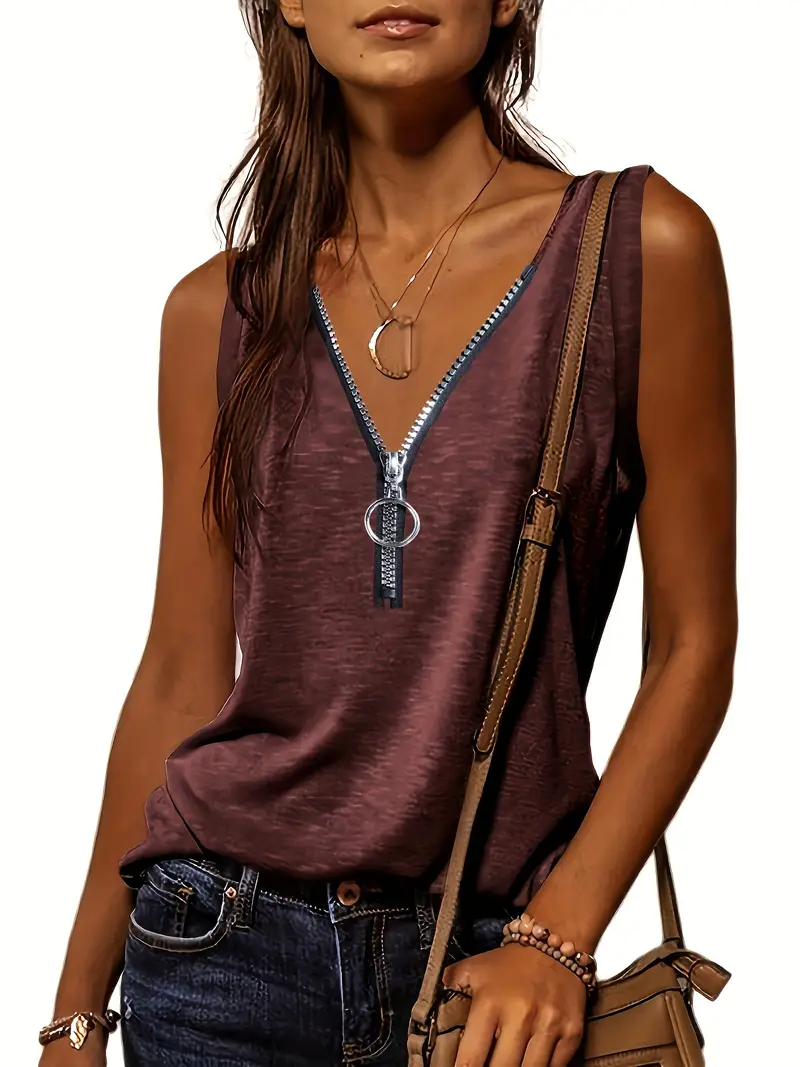Casual V Neck Zipper Cami Top Solid Fashion Sleeveless Loose Temu Canada
