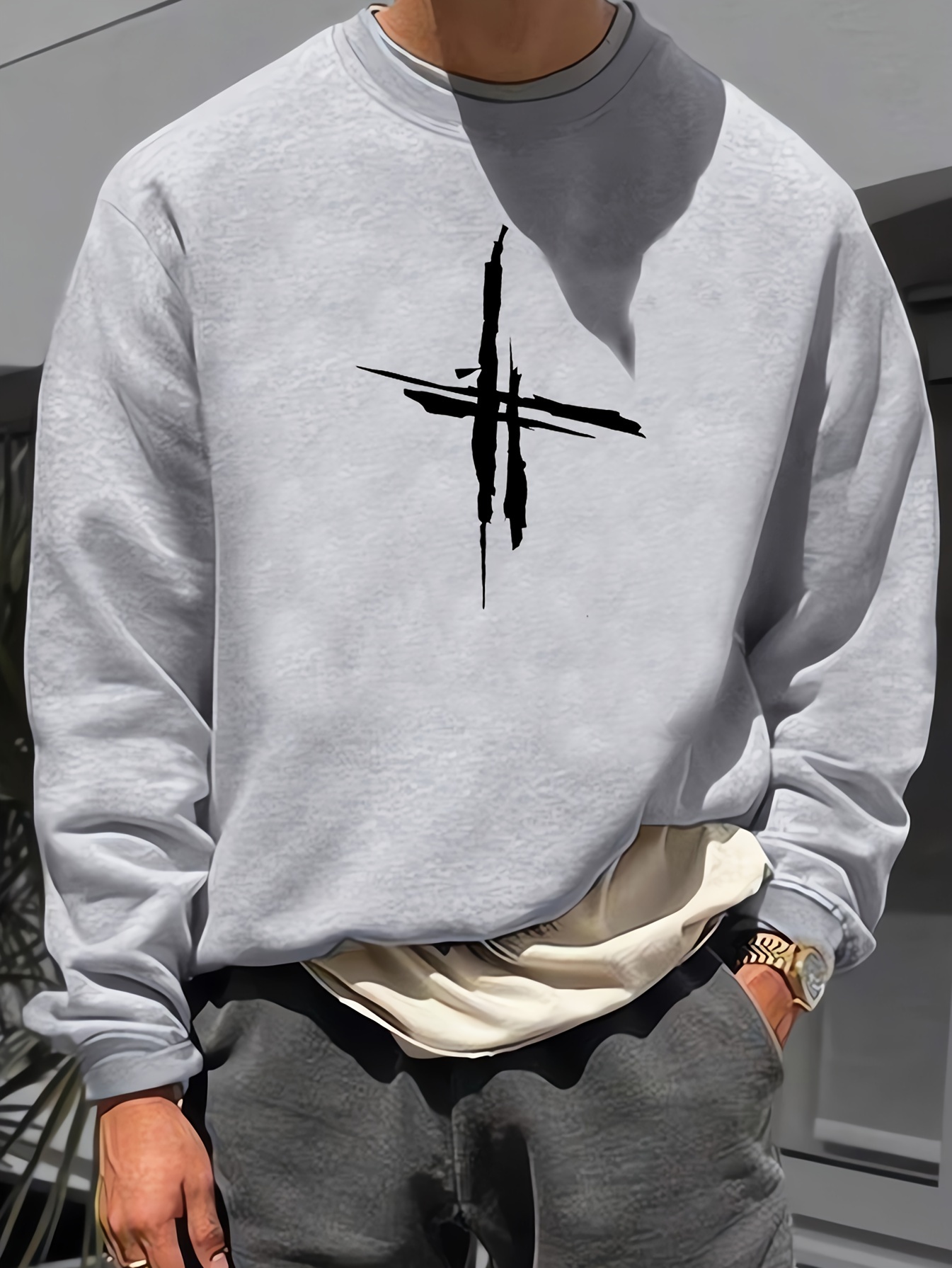 Cross Print Fashionable Men's Casual Long Sleeve Crew Neck - Temu Australia
