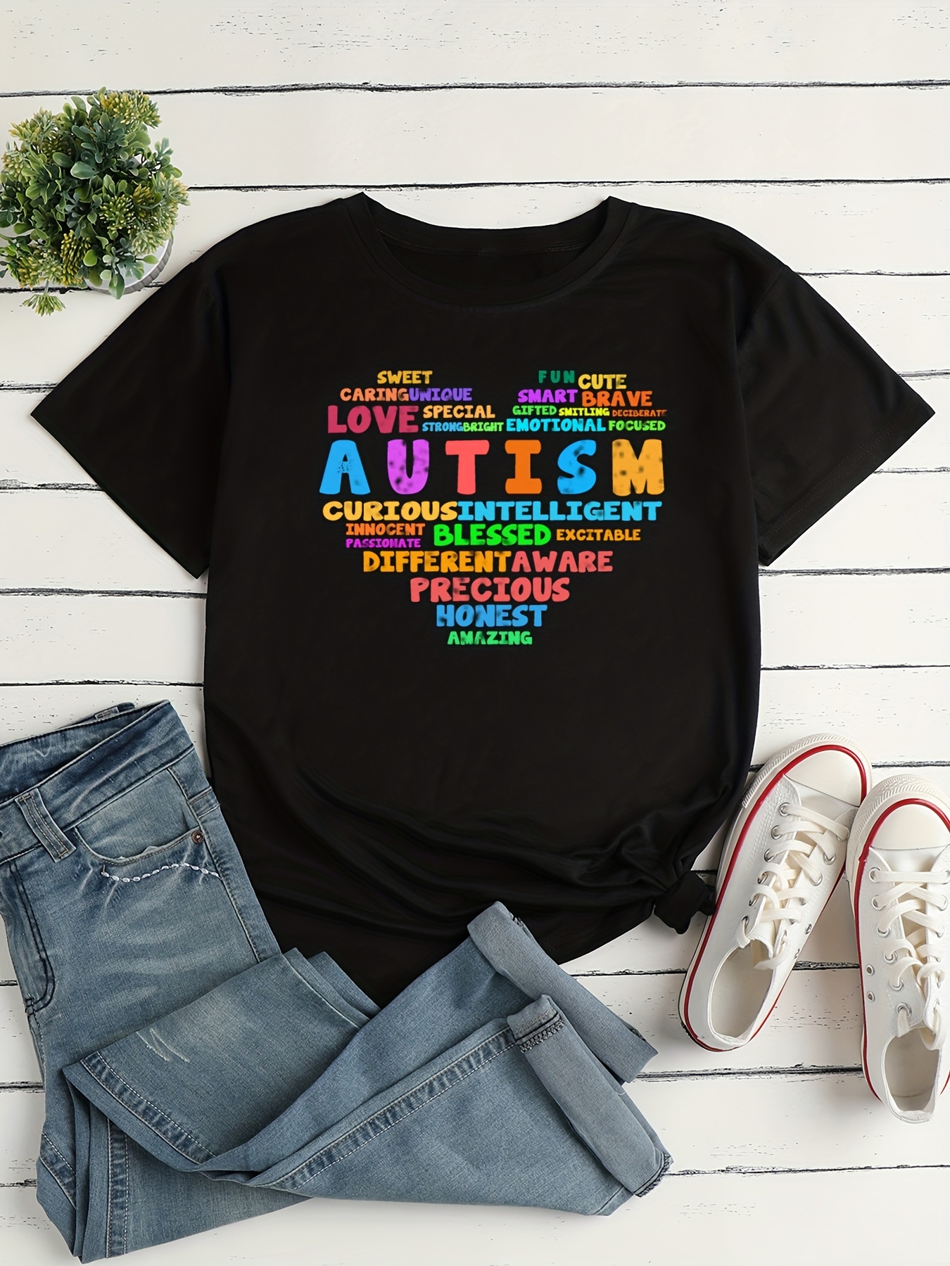 Plus Size Casual T Shirt Womens Plus Heart Letter Print Crew - Temu Australia