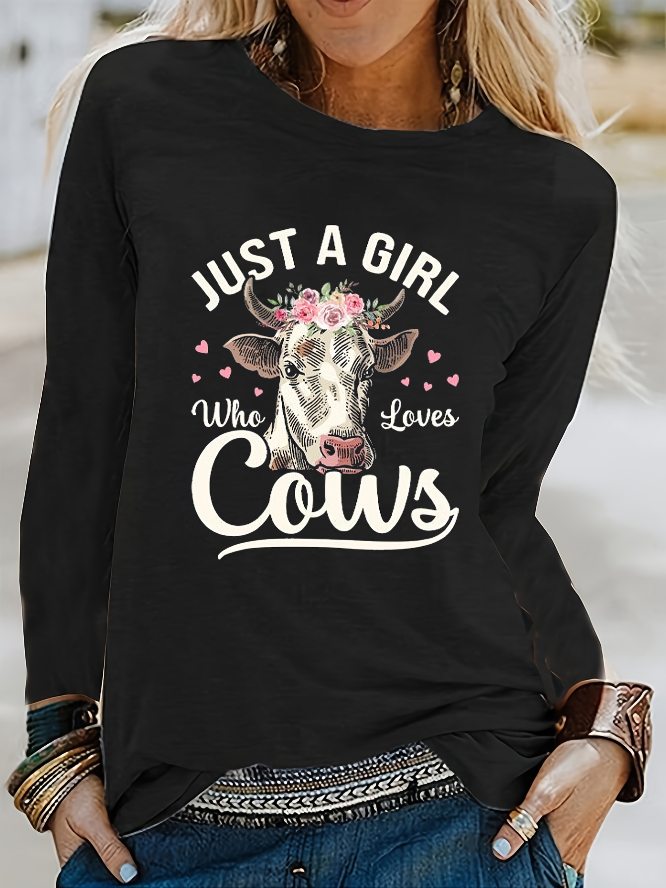 Cow Print T shirt Long Sleeve Crew Neck Casual Top Spring - Temu Canada