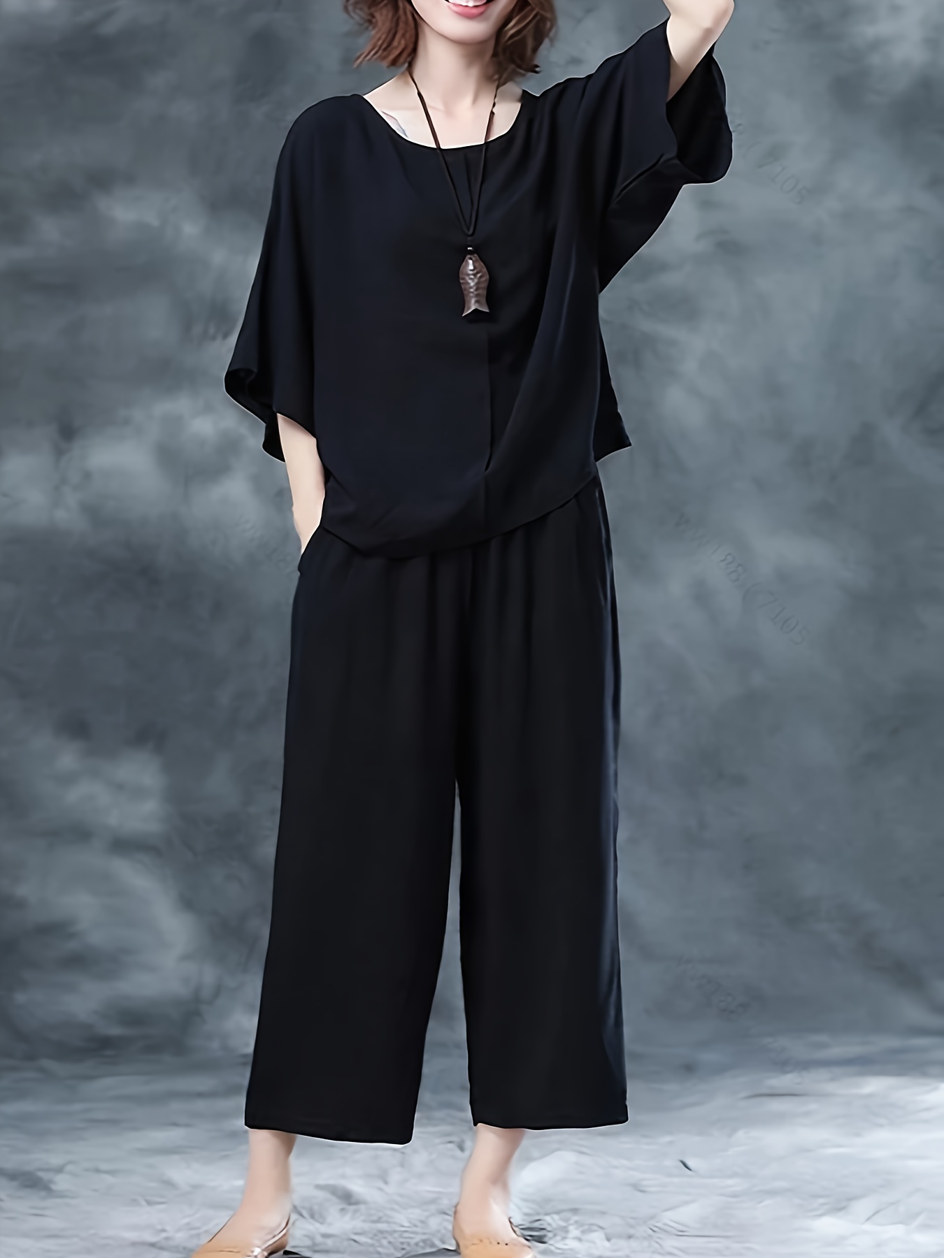 クルーネックの半袖tシャツとワイドレッグパンツのセット スした なスタイル 女性用の服 Temu Japan