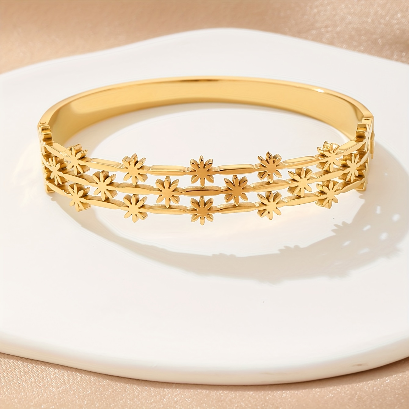 Hollow Golden Stainless Steel Floral Design Unisex Bracelet - Temu ...