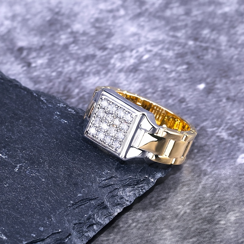 Creative Business Golden Double-color Square Watch Shaped Ring, Inlaid ...