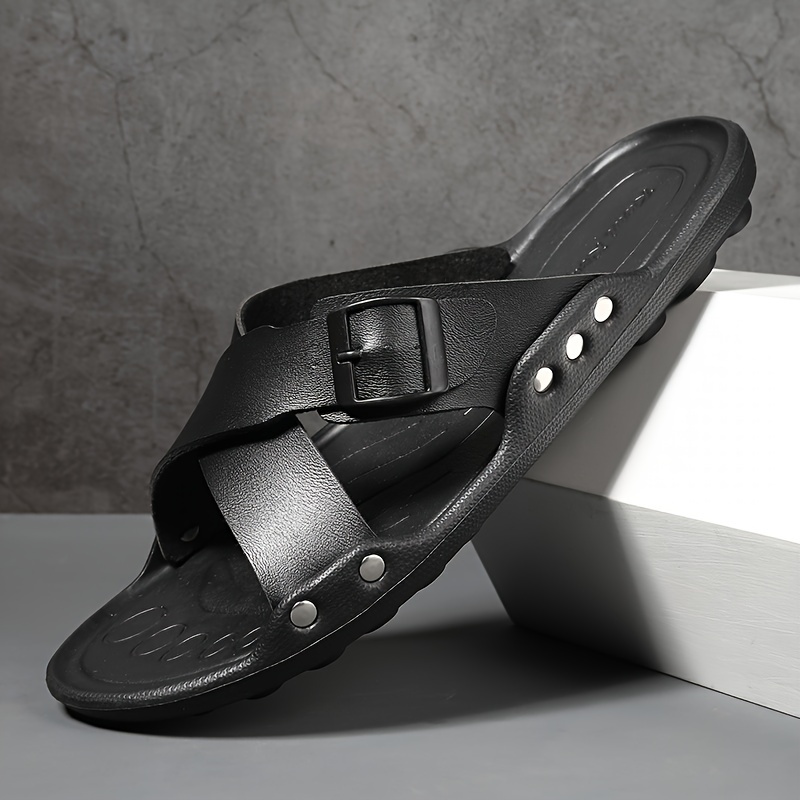 Leather Casual Slides Men s Solid Pu Buckle Decor Casual Non - Temu ...