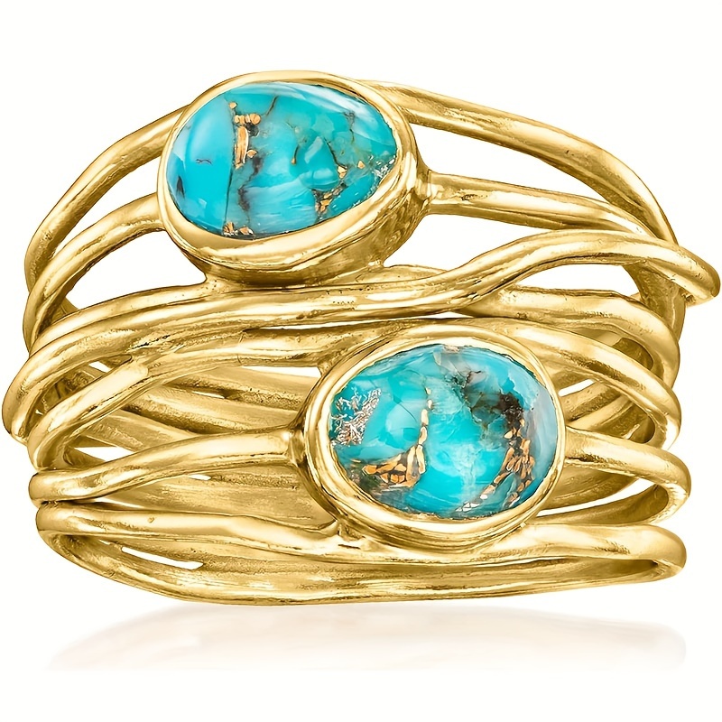 Inlaid Synthetic Turquoise Ring 18k Golden Plated Ring - Temu United ...