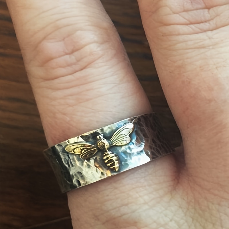 Grunge Style Band Ring Retro Bee Design Silver Plate - Temu United Kingdom