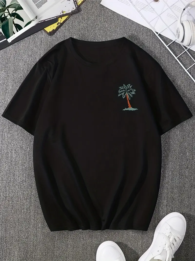 Palm Tree Pattern Casual Slightly Stretch Crew Neck Graphic Temu