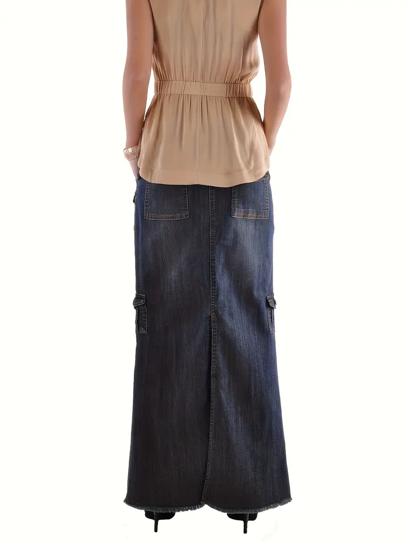 Blue Flap Pockets Cargo Denim Maxi Skirt Hem Single Breasted Button