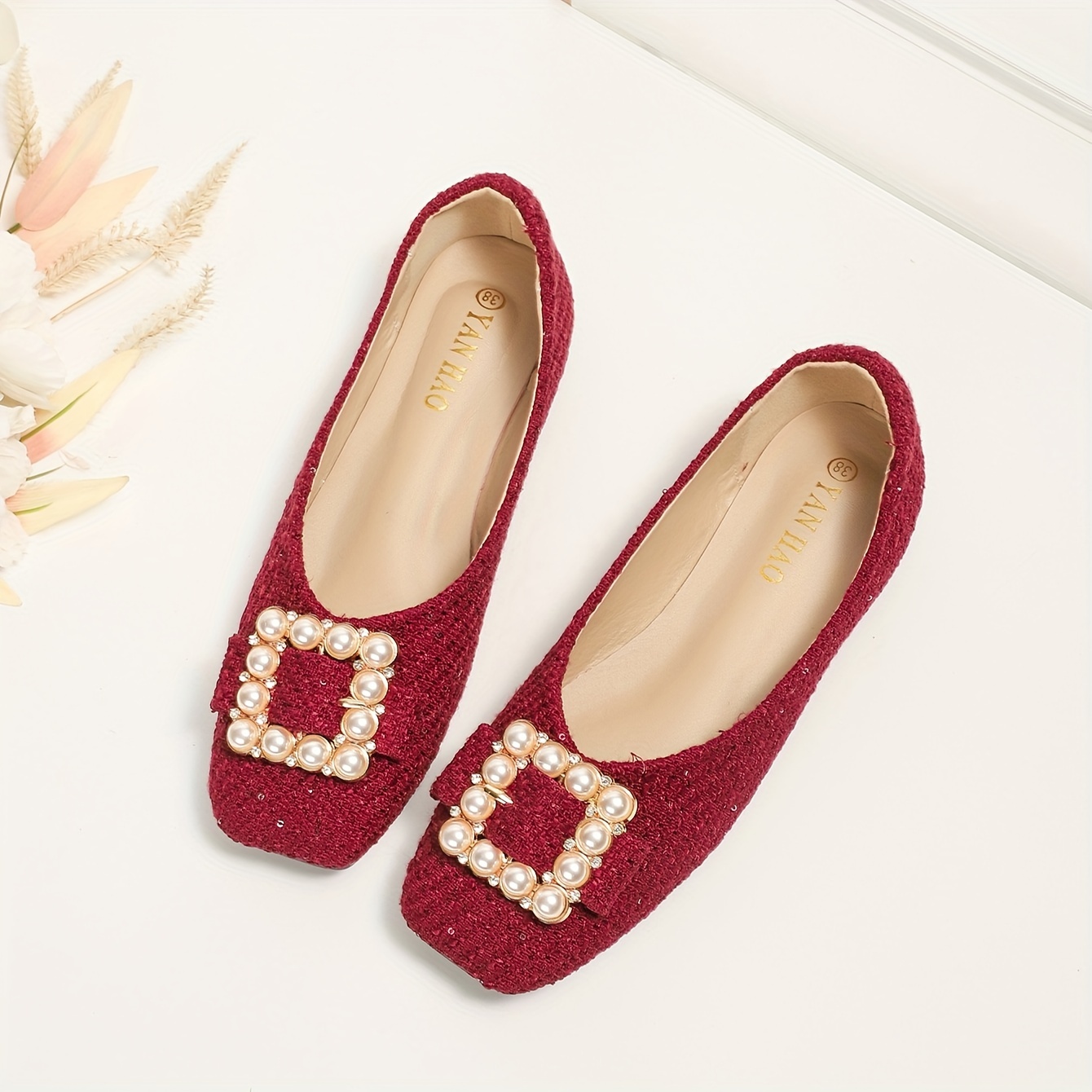 Women's Faux Pearl Buckle Bow Decor Flats Elegant Square Toe - Temu ...