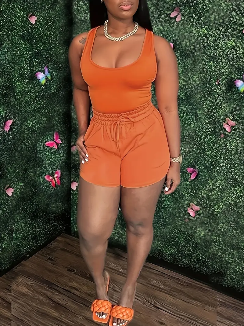 Solid Sexy Two Piece Set Scoop Neck Sleeveless Tank Top Temu Canada