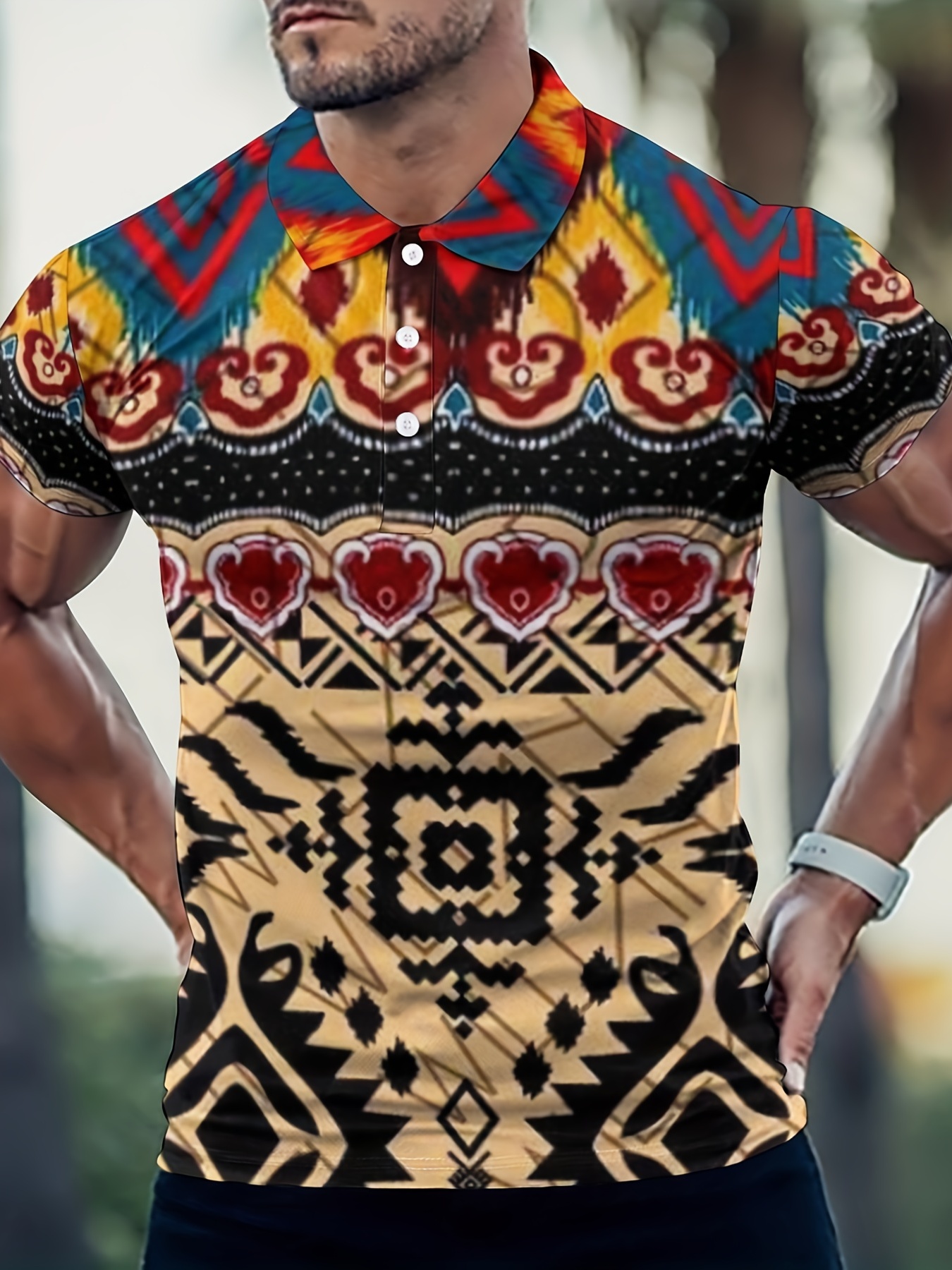 Abstract Pattern Casual Slightly Stretch Button Up Short Temu