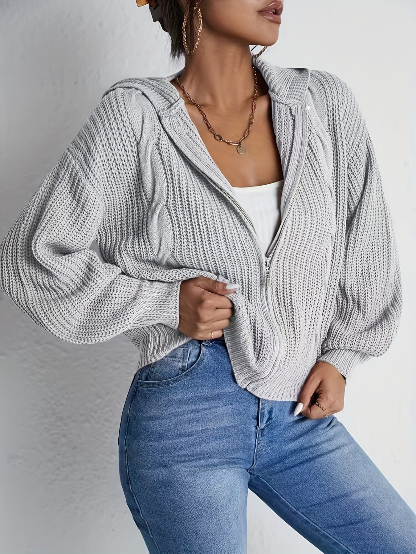 Solid Zip Hooded Cardigan Casual Long Sleeve Drop Shoulder - Temu Australia