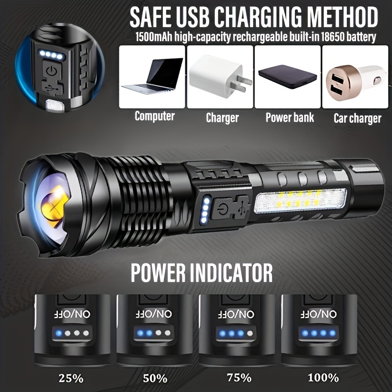 1pc Ultra Bright Zoomable Flashlight With Built In Usb Rechargeable ...
