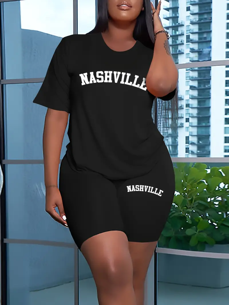 Plus Size Letter Print Two Piece Crew Neck Short Sleeve Top Temu Canada