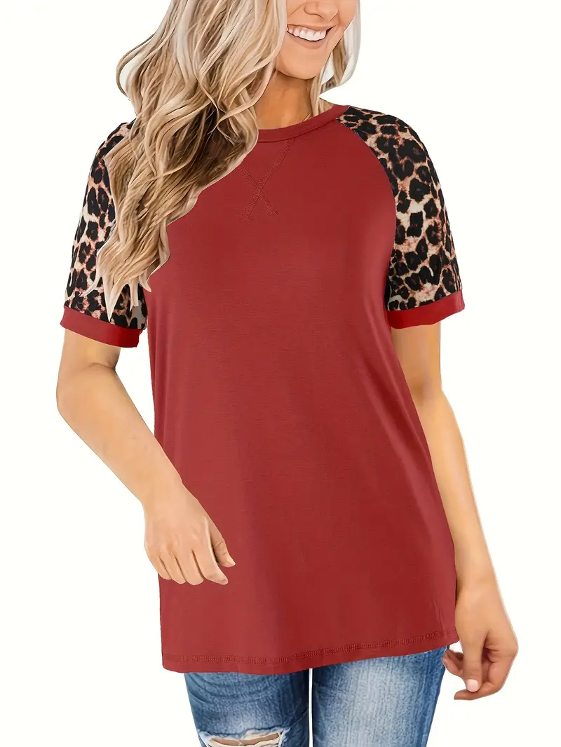 Womens Leopard Print Crew Neck T Shirt Casual Short Sleeve Temu Ireland