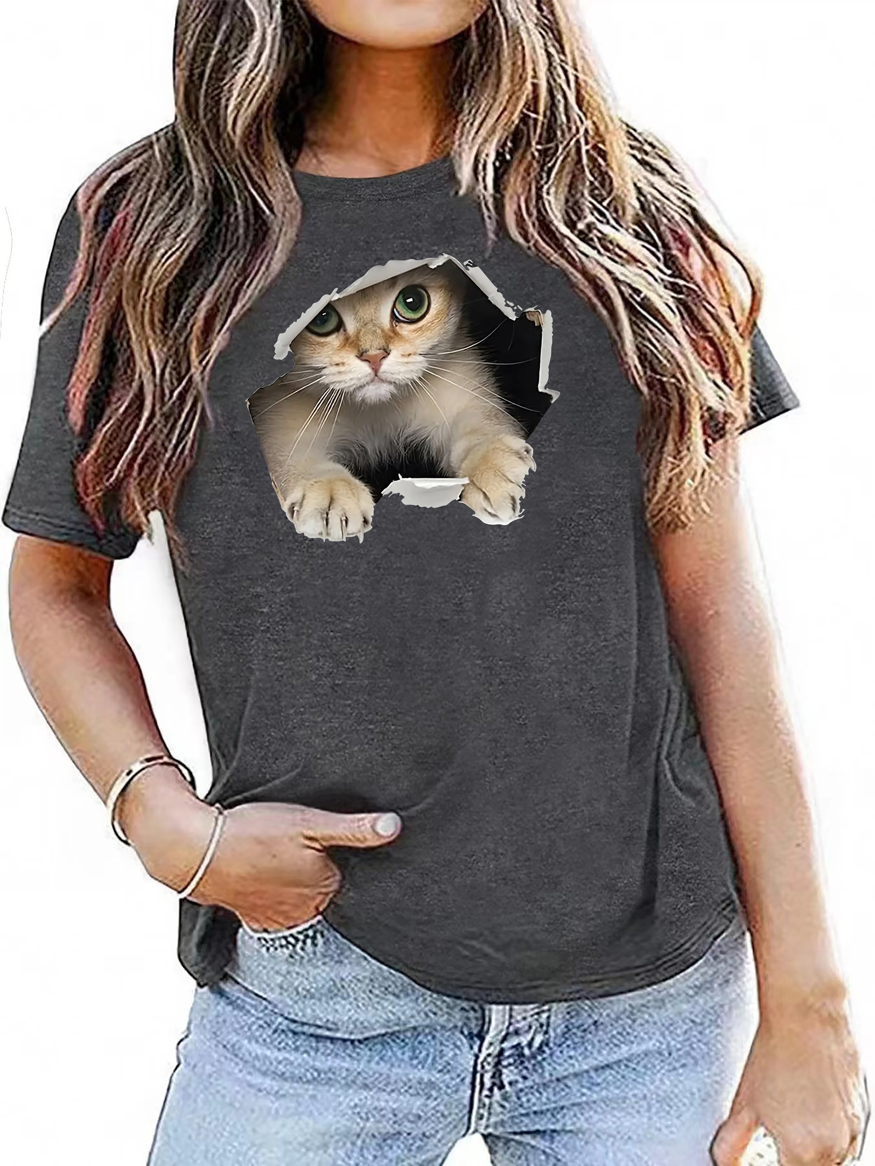 Cute Cat Print Crew Neck T shirt Casual Short Sleeve Top - Temu New Zealand