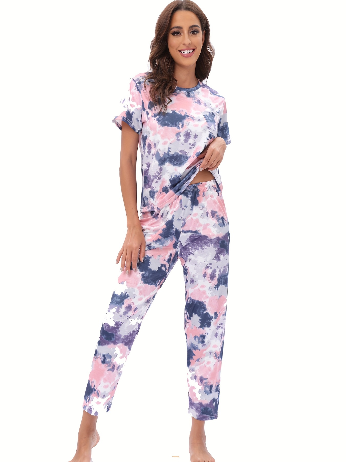 Tie Dye Leopard Lounge Set Crew Neck Short Sleeve Top - Temu Australia