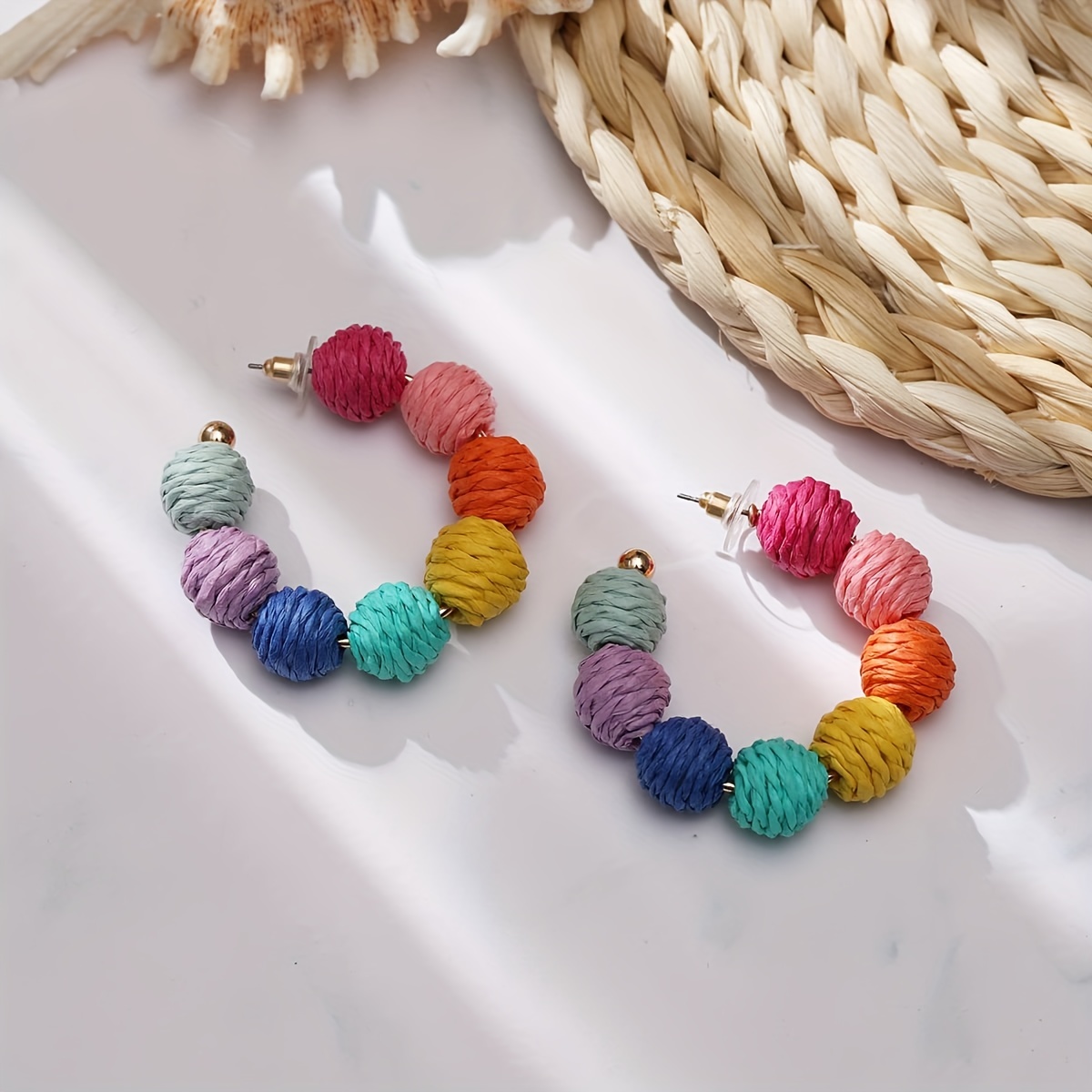Colorful Raffia Lightweight Rattan Hoop Earrings Women Girls - Temu ...