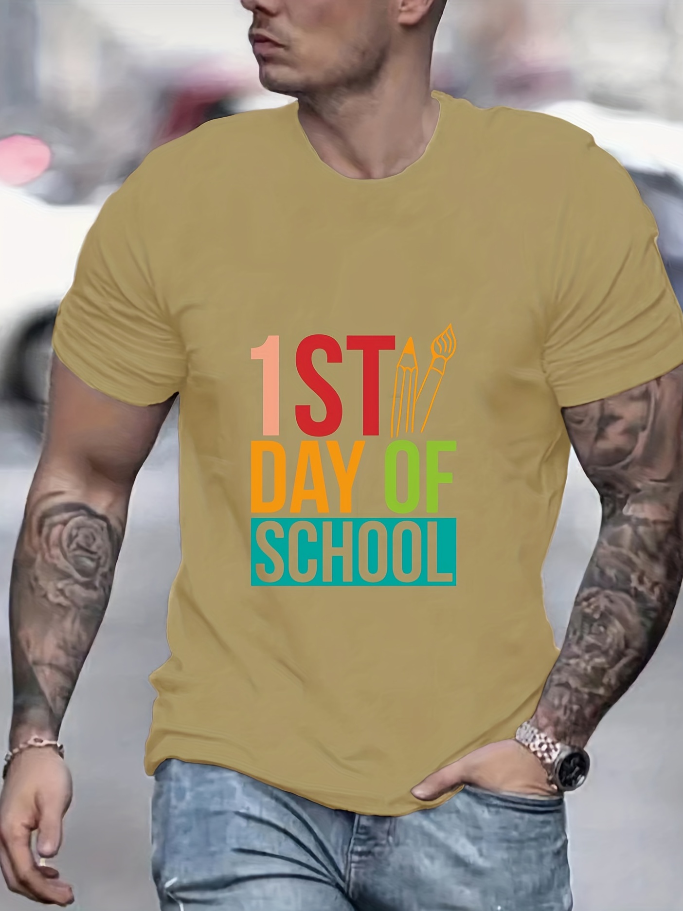 First Day School Print Men's Graphic Design Crew Neck Active - Temu Ireland