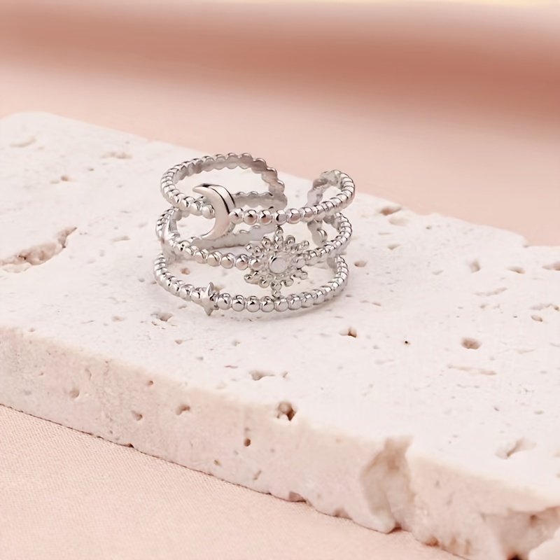 Three-layer Sun Moon Star Shape Open 202 Stainless Steel Ring - Temu ...