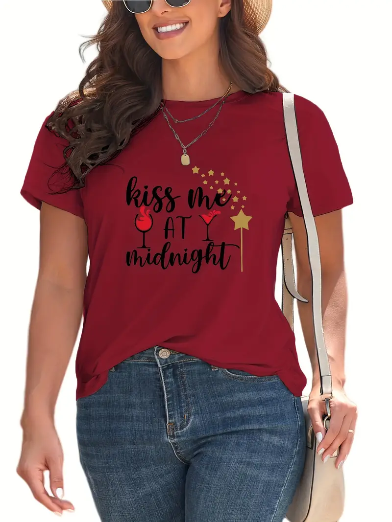 Letter Print T Shirt Plus Size Casual Crew Neck Short Sleeve Temu New