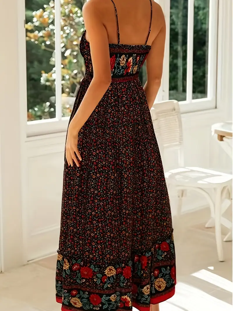 Boho Floral Print Ankle Cami Dress Boho Ruffle Hem Backless Temu