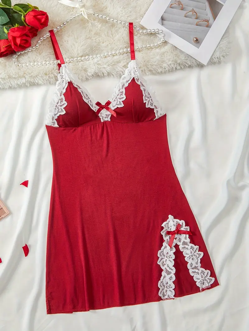Contrast Lace Side Split Nightdress V Neck Backless Temu Australia