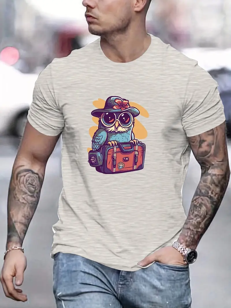 Owl Graphic Print Mens Creative Top Casual Short Sleeve Temu Canada