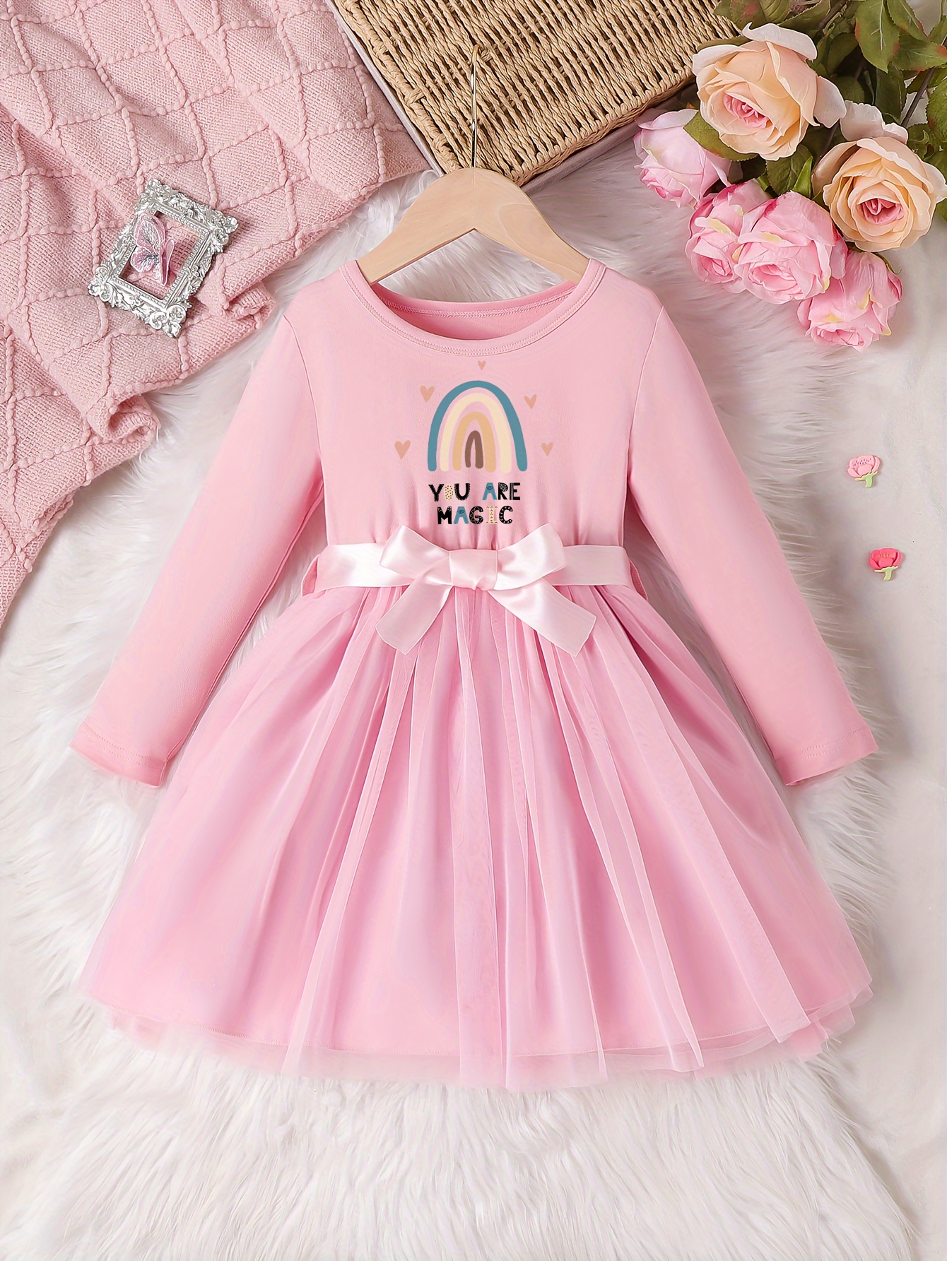 Girl's Creative Magic Rainbow Print Belted Dress Long Sleeve - Temu