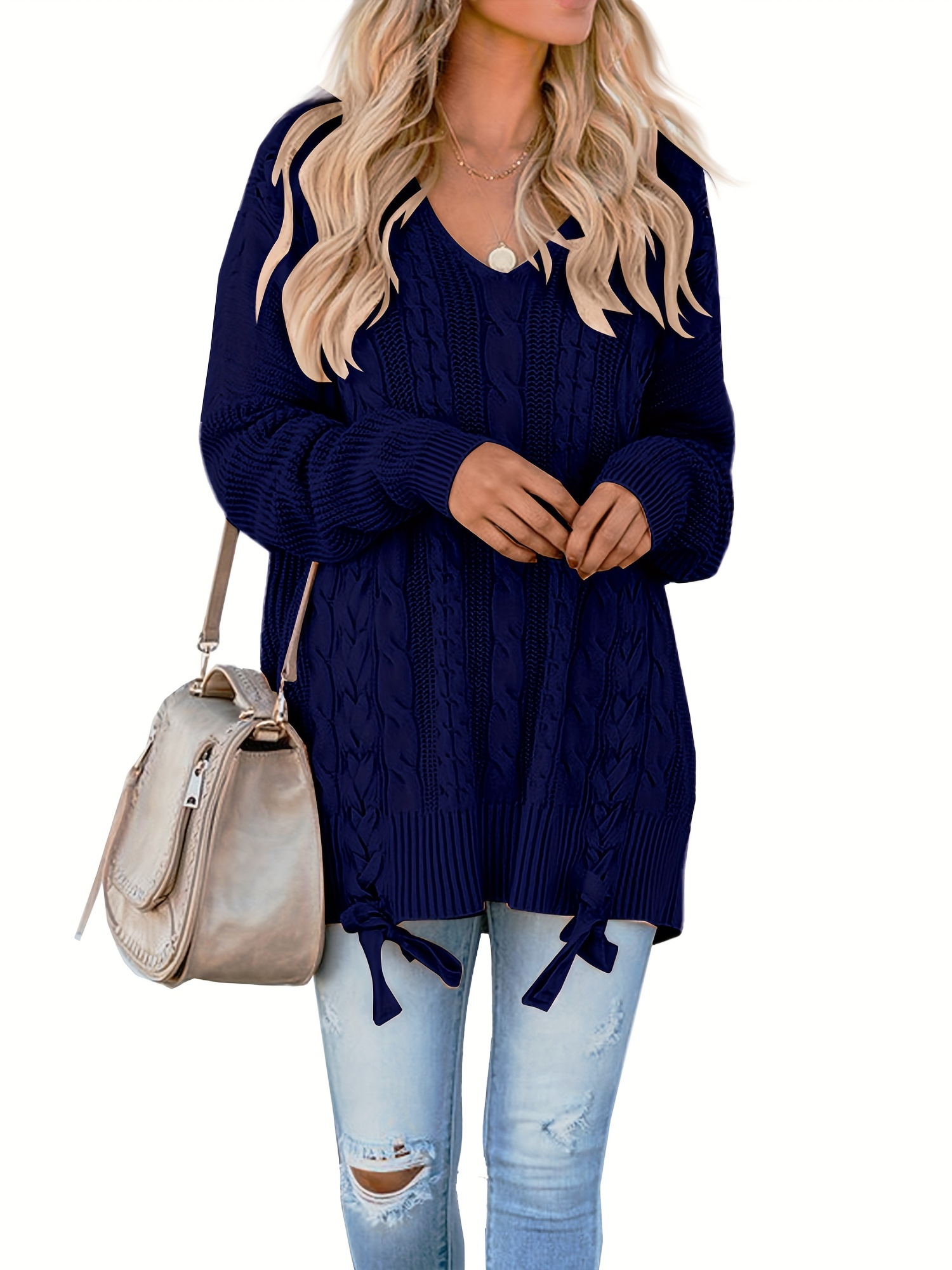 Solid Cable Knitted Pullover Sweater Casual V Neck Long - Temu Australia