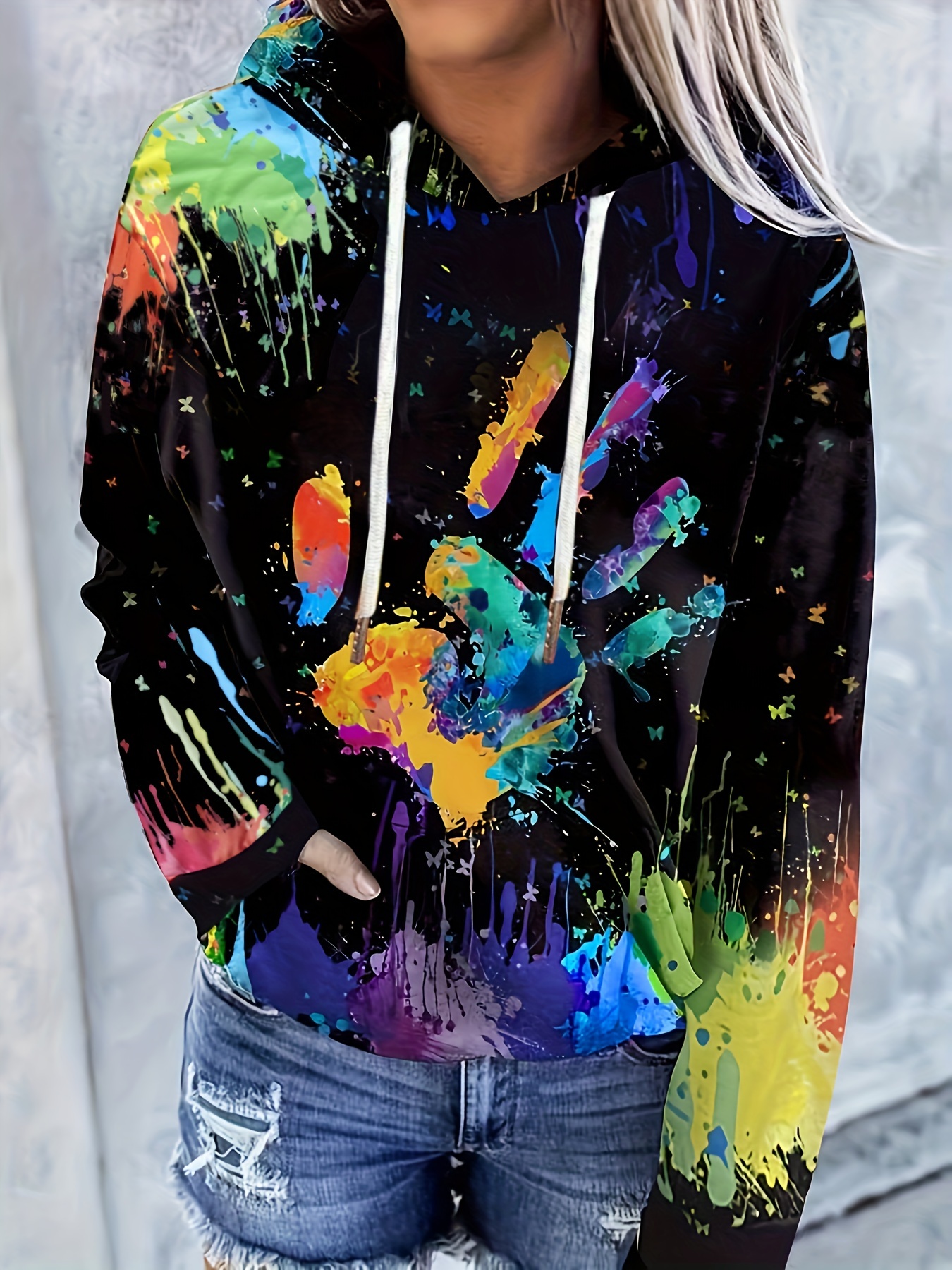 Graffiti hand Print Kangaroo Pocket Hoodie Casual Long - Temu Australia