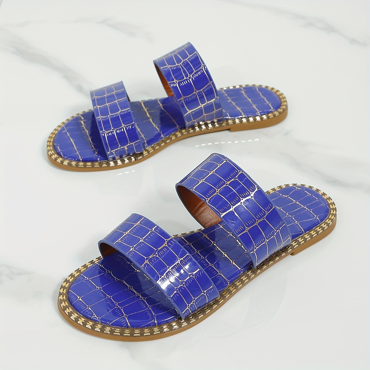Fashion Flat Slides Sandals Croc Embossed Double Band Women - Temu Canada