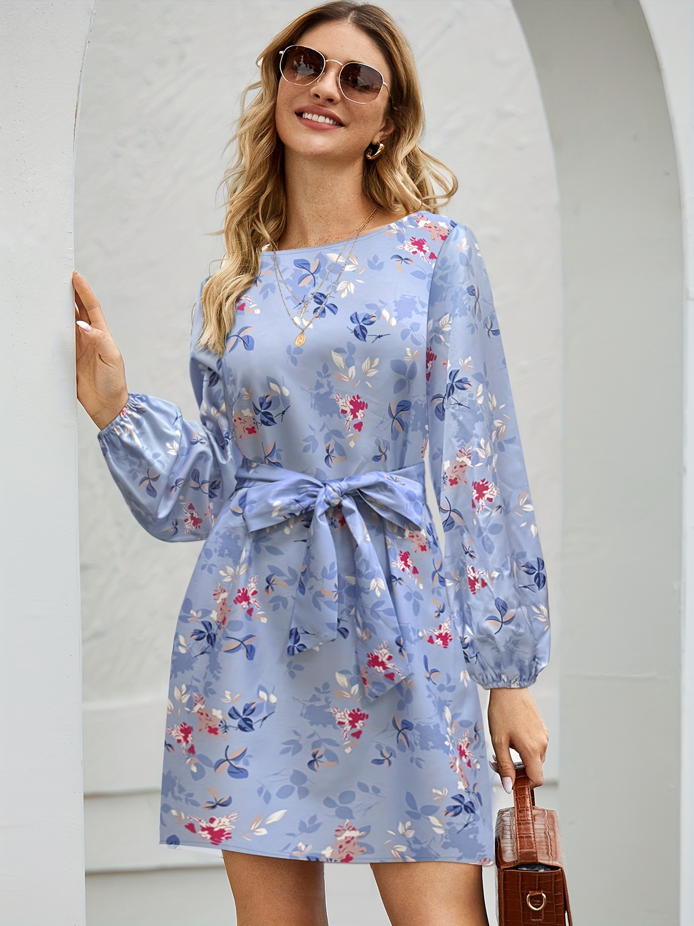 Floral Print Crew Neck Dress Elegant Long Sleeve Belted Temu Canada