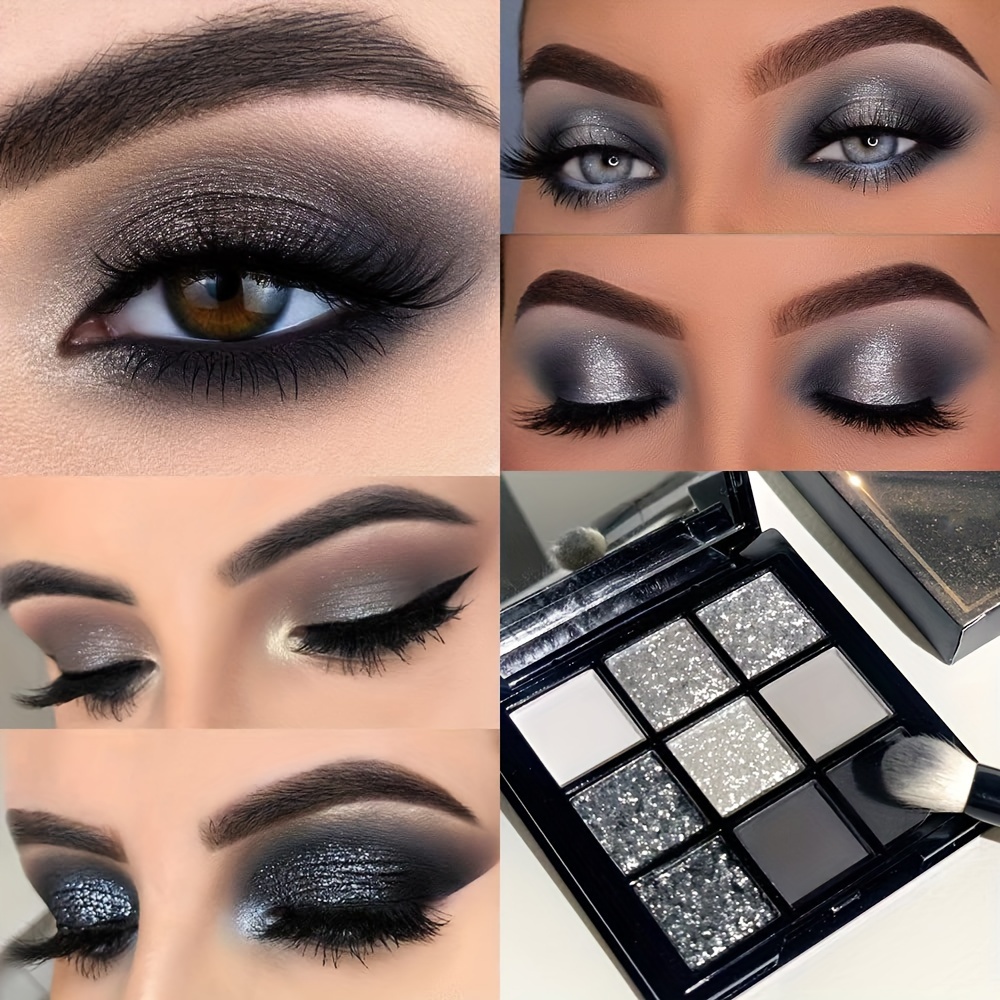 Smoky Eye Eyeshadow Palette Matte Glitter Black White Gray Silvery High Pigmented Eyeshadow 9 Colors Gothic Makeup Long Lasting Shimmer Powde