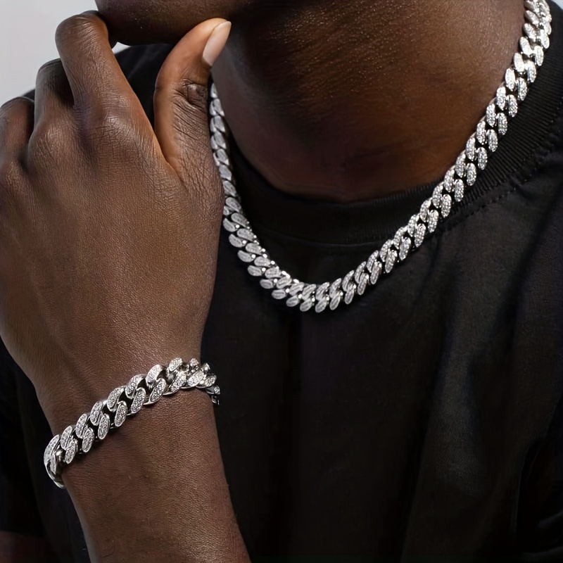Necklace Plus Bracelet Trendy Cuban Chain Design Inlaid - Temu Denmark