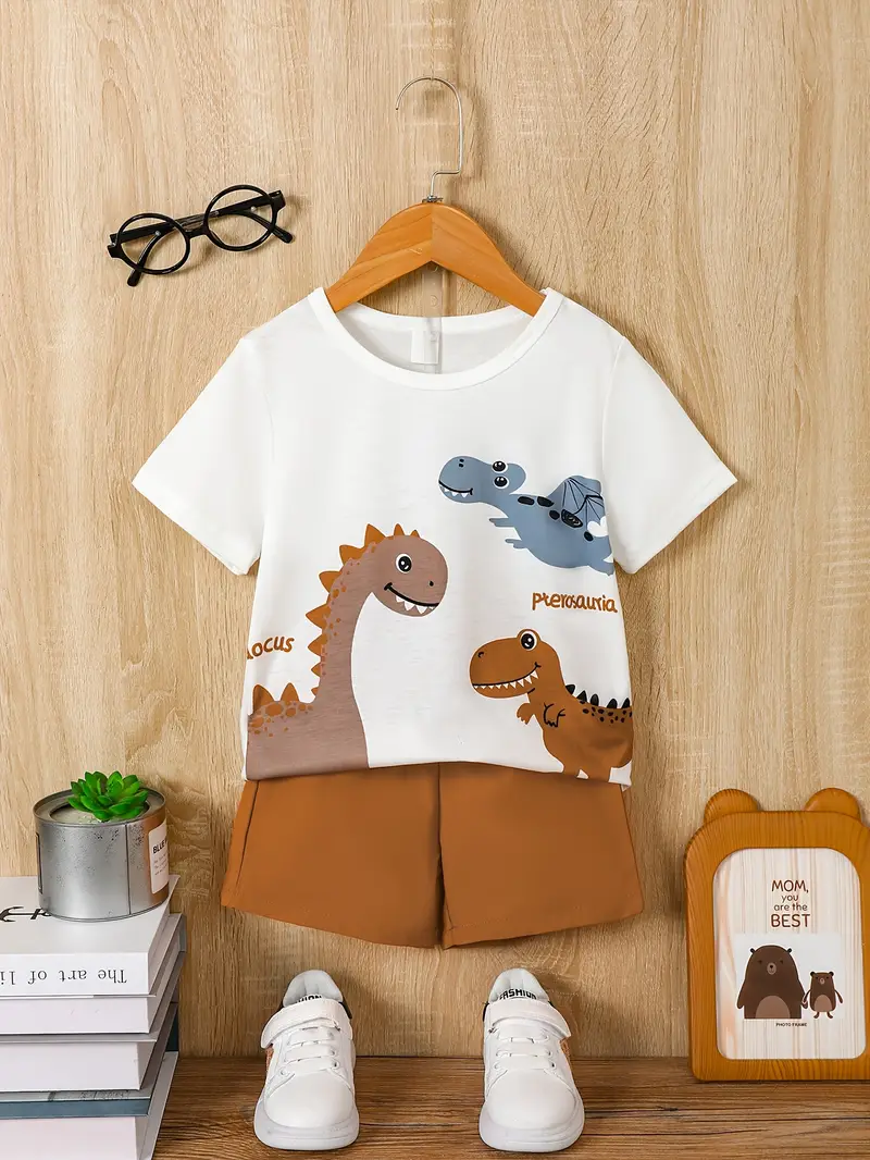 幼児男の子2枚、かわいい漫画の恐竜柄tシャツandショーツセット、カジュアル衣装、夏用子供服 Temu Japan