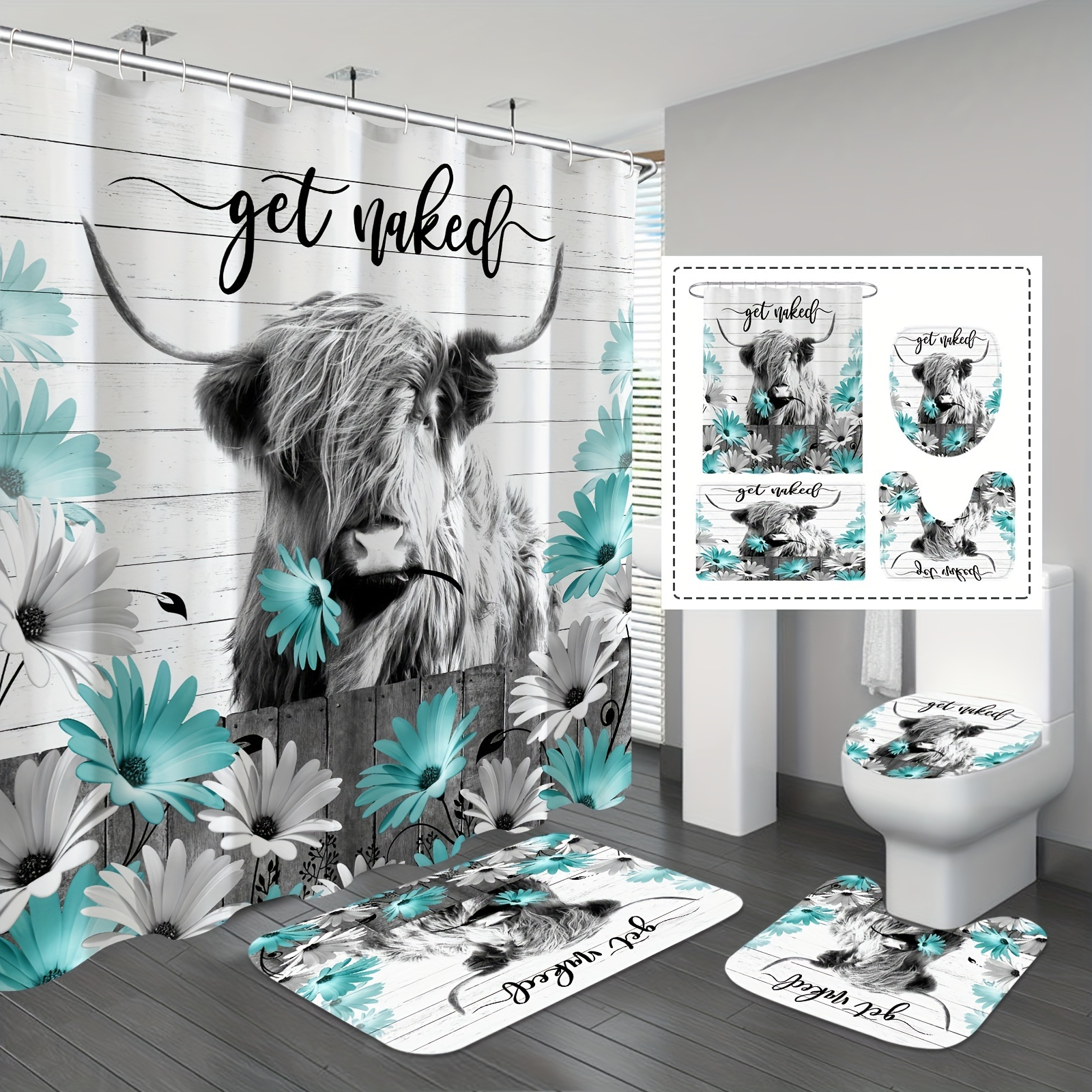 Shower Curtain Set Decorative Funny Cattle Floral Pattern - Temu New ...