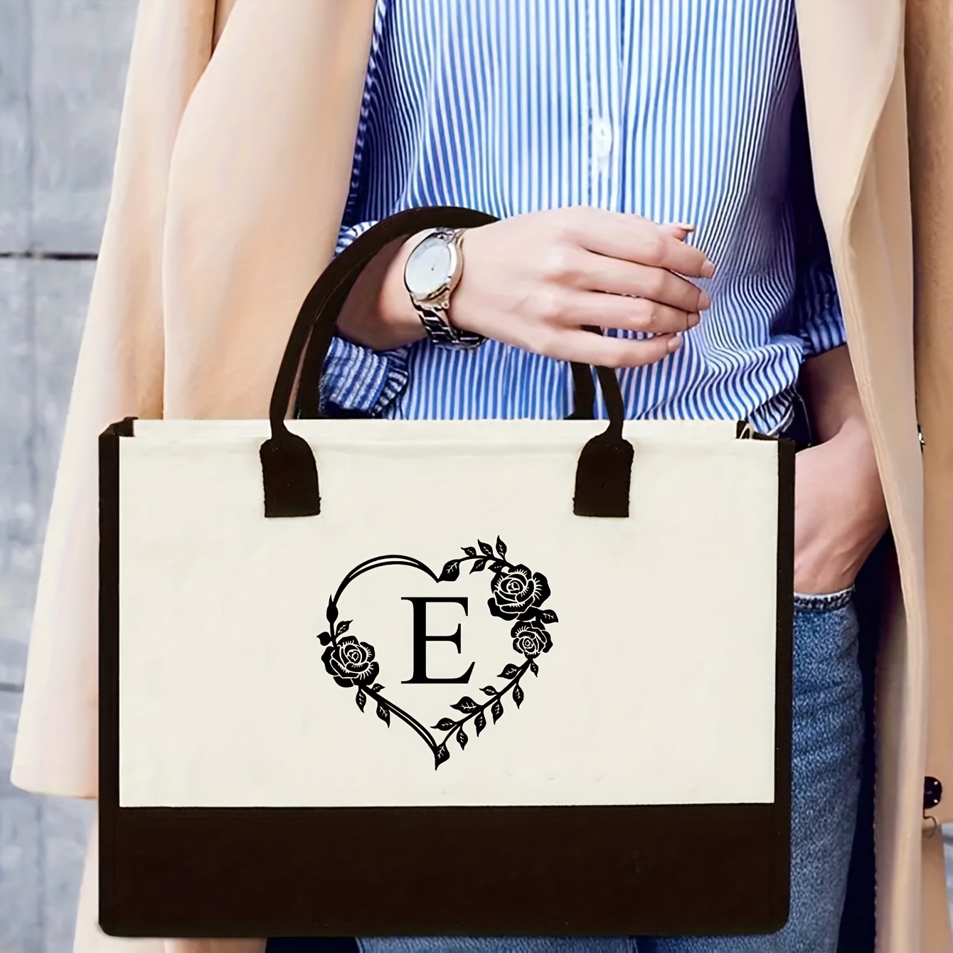 Trendy Heart Shaped Flower Letter Print Tote Bag Causal - Temu United ...