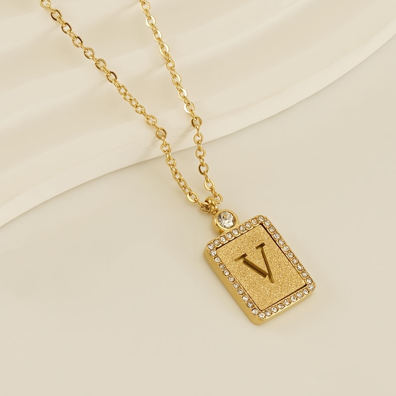 A z Letter Square Pendant Necklace Rhinestone Inlaid - Temu United Kingdom