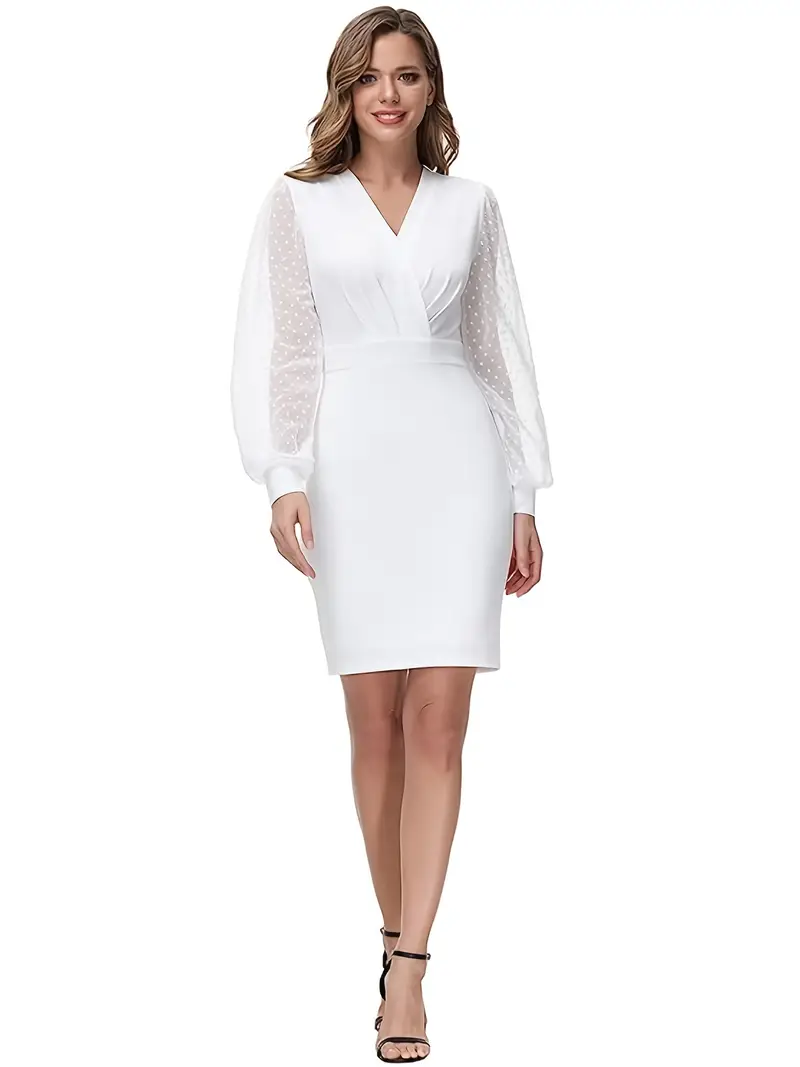 Plus Size Elegant Dress Womens Plus Swiss Dot Contrast Mesh Puff