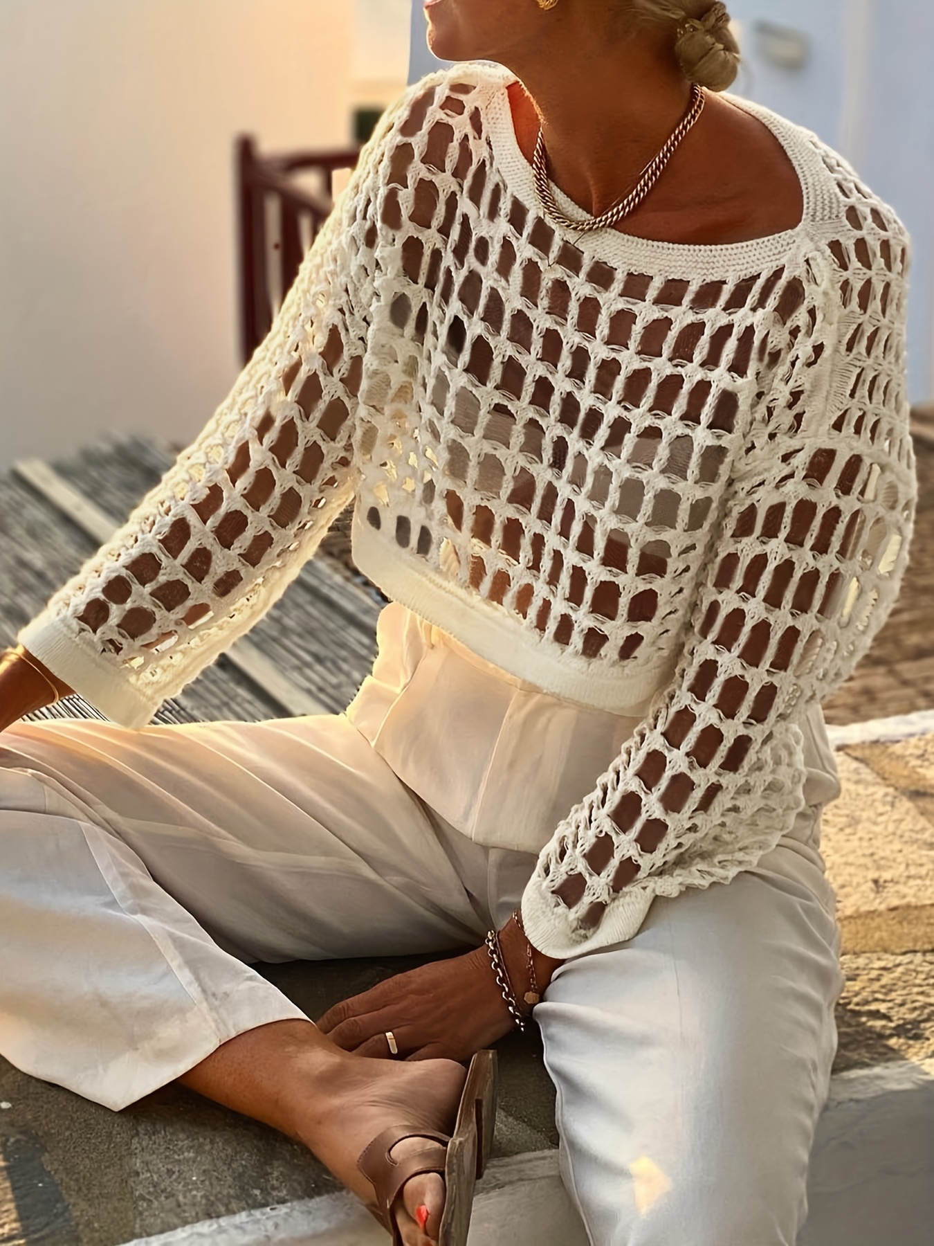 Solid Color Crew Neck Pullover Sweater Elegant Long Sleeve - Temu Australia