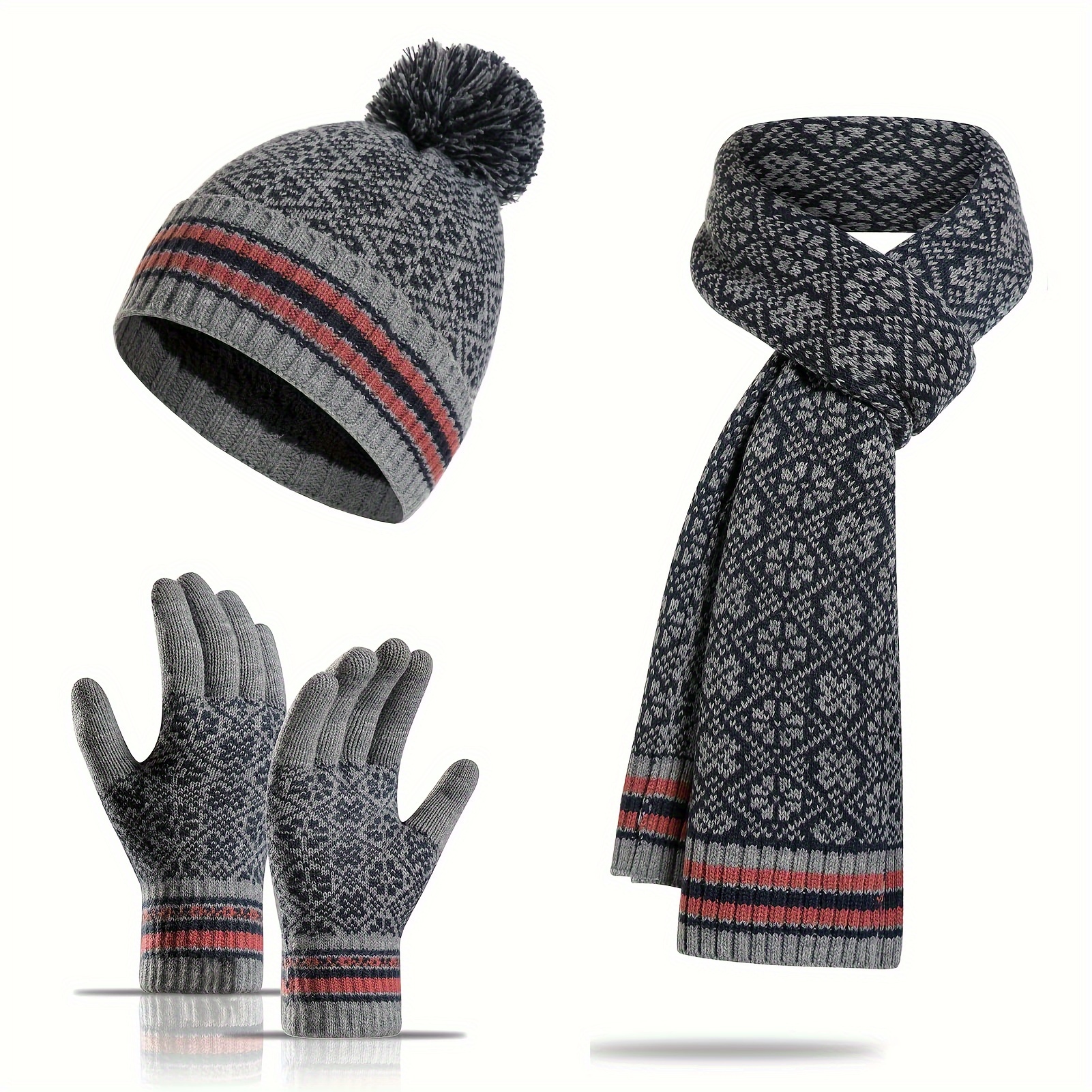 Fair Isle Scarf Gloves Beanie Set Classic Knit Hats Fleece - Temu ...