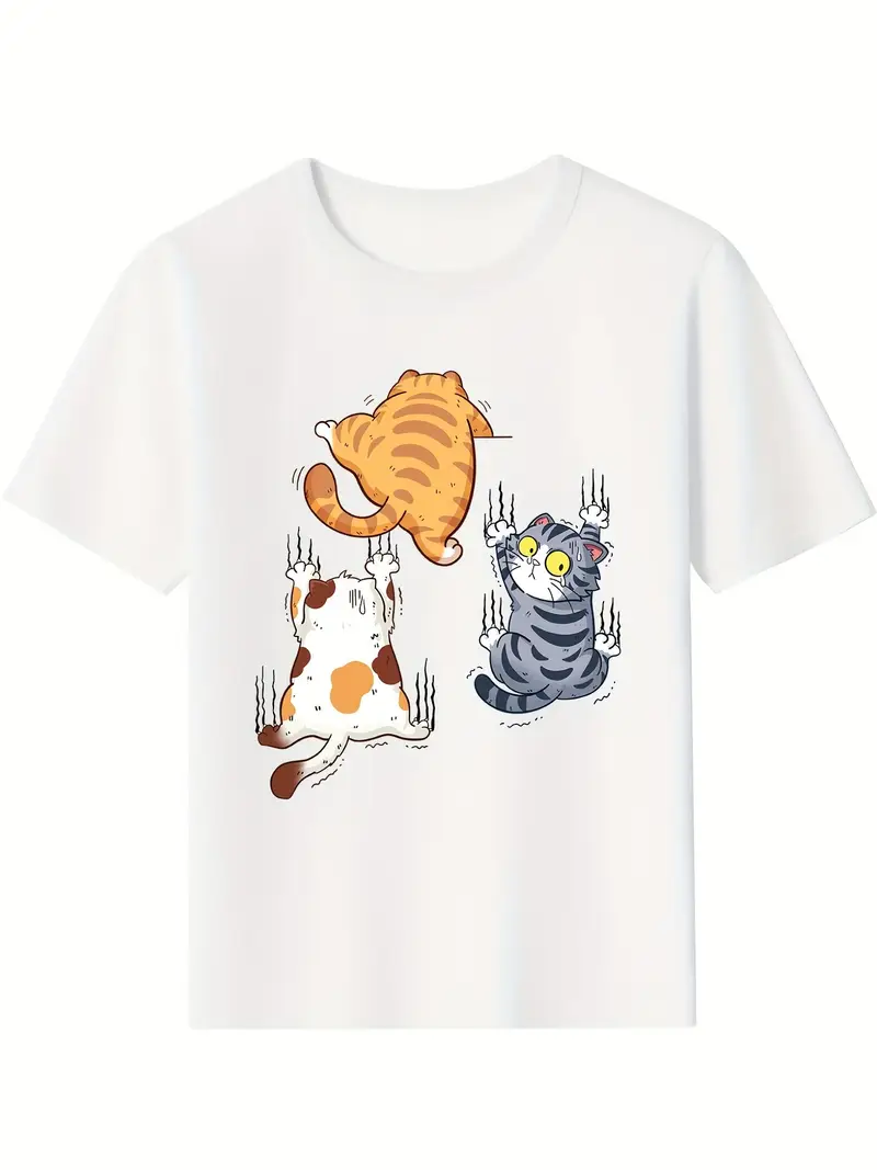 キャットプリント子供用tシャツ 快適なコットンtシャツ ノベルティ半袖トップ 夏用カジュアル女の子服 Temu Japan