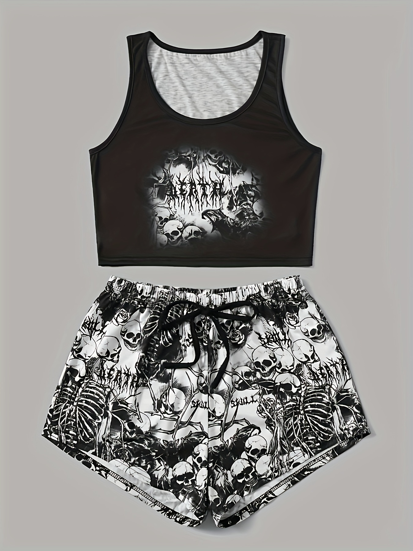 Skull Print Halloween Lounge Set Crew Neck Tank Top Elastic - Temu Canada